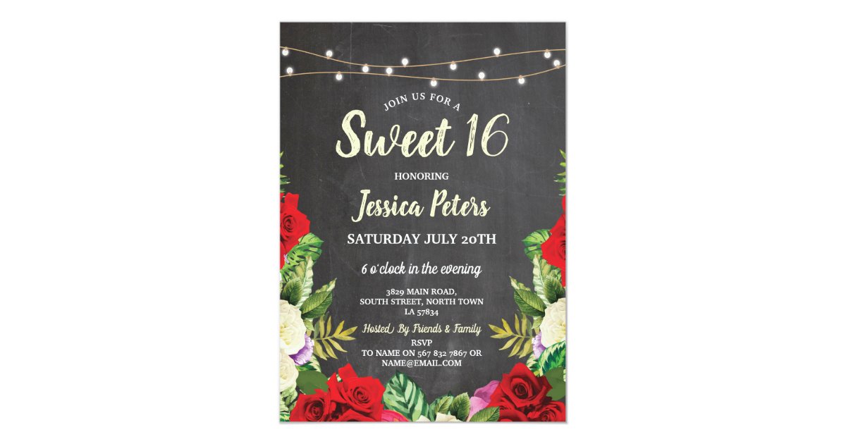Rustic Sweet 16 Party Chalk Red Roses Flower Invitation | Zazzle.com
