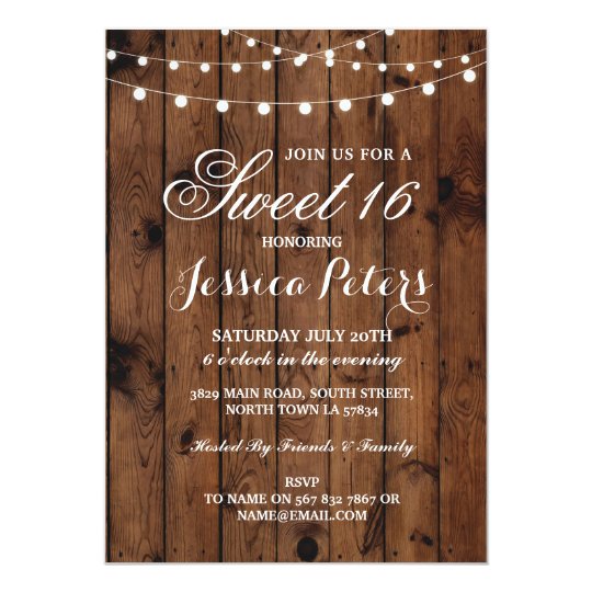 Rustic Sweet 16 Party Floral Wood Lights Invite | Zazzle.com