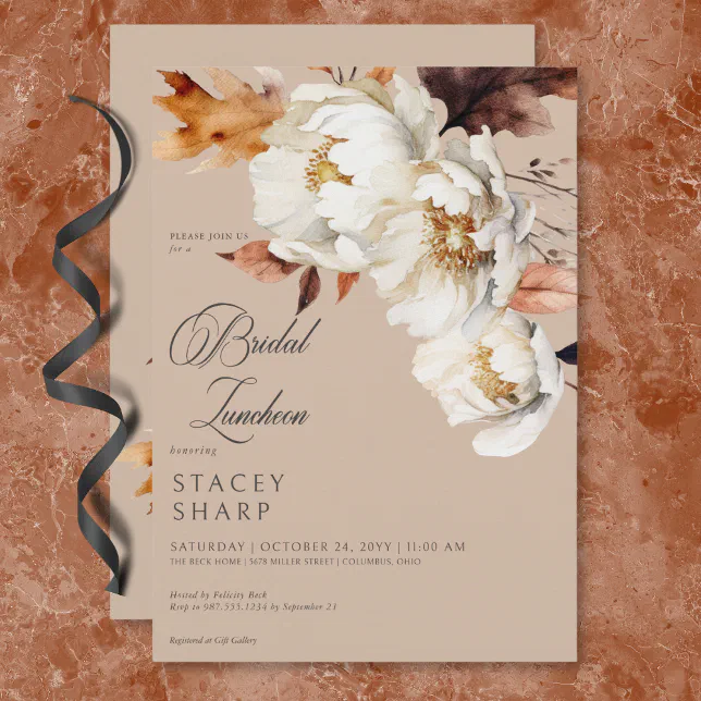 Rustic Tan & Cream Fall Floral & Leaves Luncheon Invitation | Zazzle