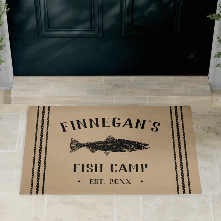 Rustic Tan Personalized Fishing Cabin Doormat | Zazzle