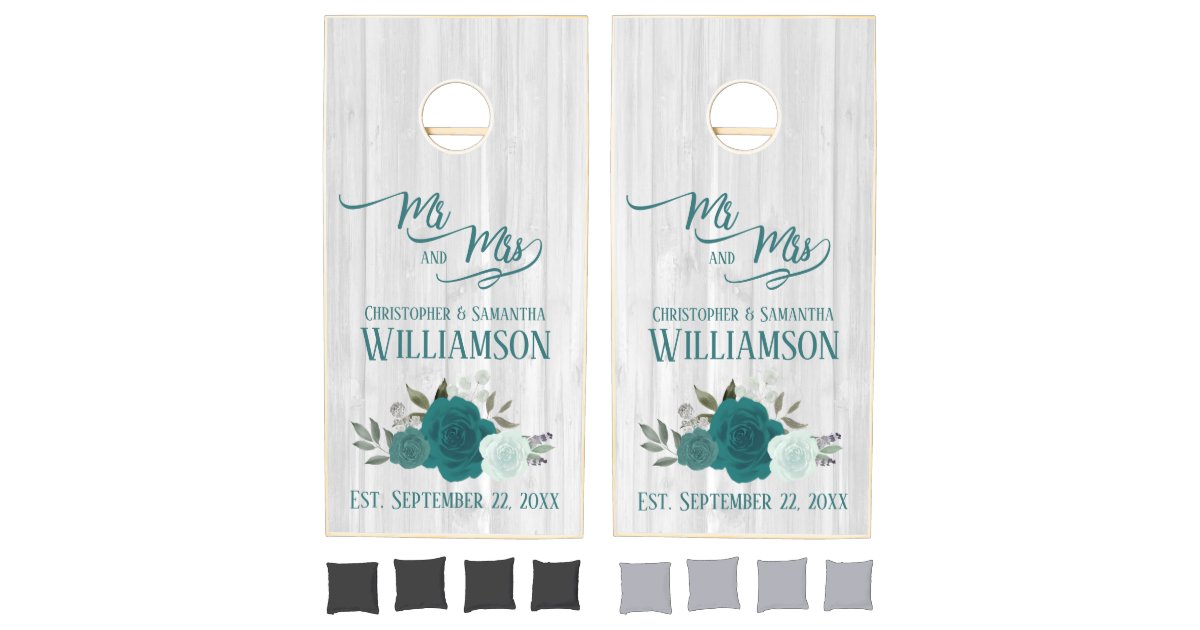 Rustic Teal & Aqua Boho Roses Mr. & Mrs. Wedding Cornhole Set | Zazzle