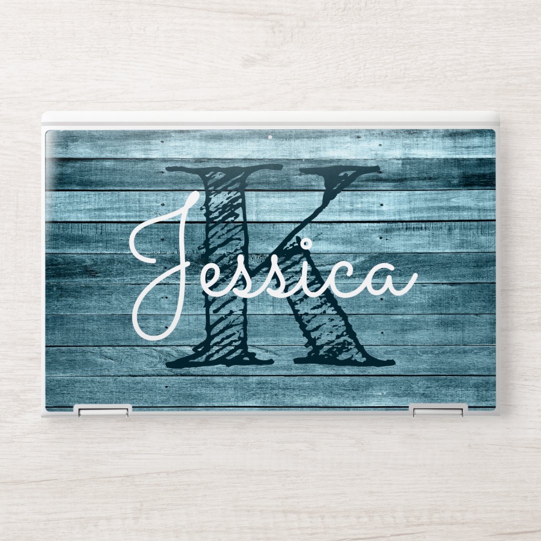 Rustic Teal Blue Wood Monogram HP Laptop Skin | Zazzle
