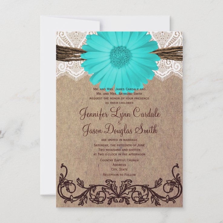 Rustic Teal Gerber Daisy Lace Wedding Invitation | Zazzle