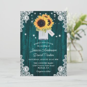 Rustic Teal Lace Mason Jar Sunflower Wedding Invitation | Zazzle