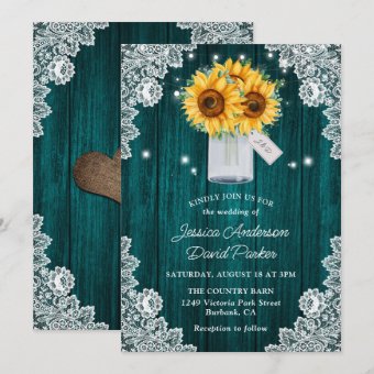 Rustic Teal Lace Mason Jar Sunflower Wedding Invitation | Zazzle