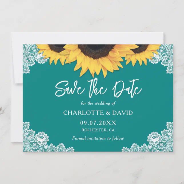 Rustic Teal Sunflower Lace Wedding Save The Date | Zazzle