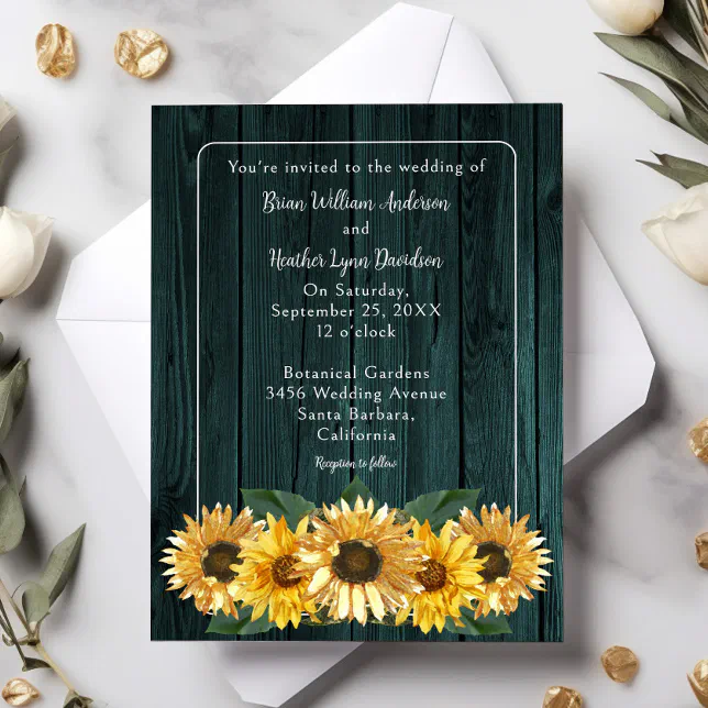 Rustic Teal Sunflower Wedding Invitation | Zazzle