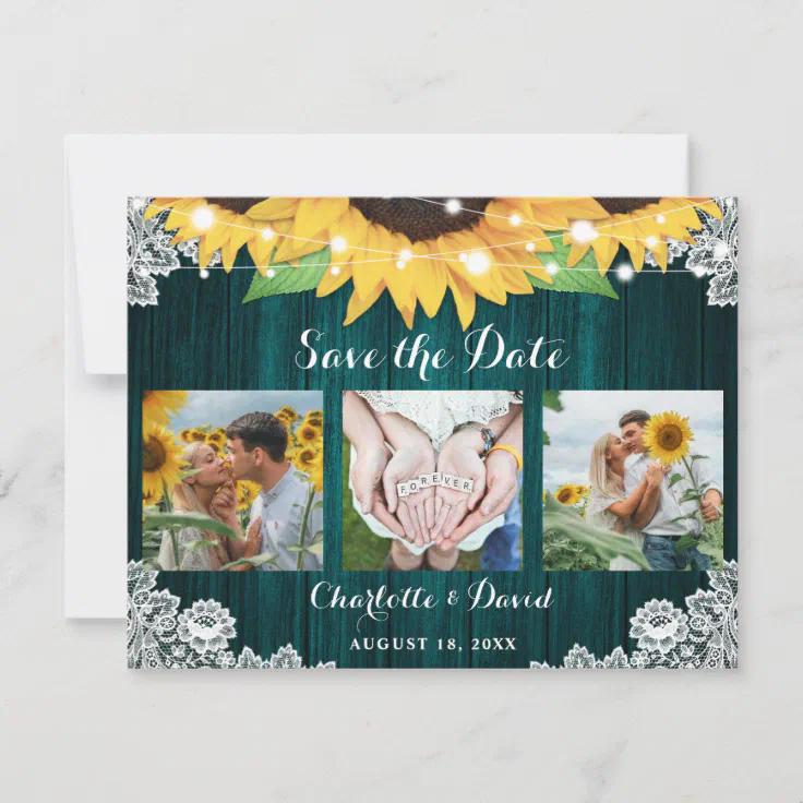 Rustic Teal Sunflower Wedding Photo Save The Date | Zazzle
