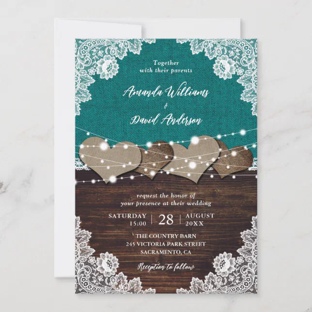 Rustic Teal Wood Burlap Lace String Lights Wedding Invitation | Zazzle