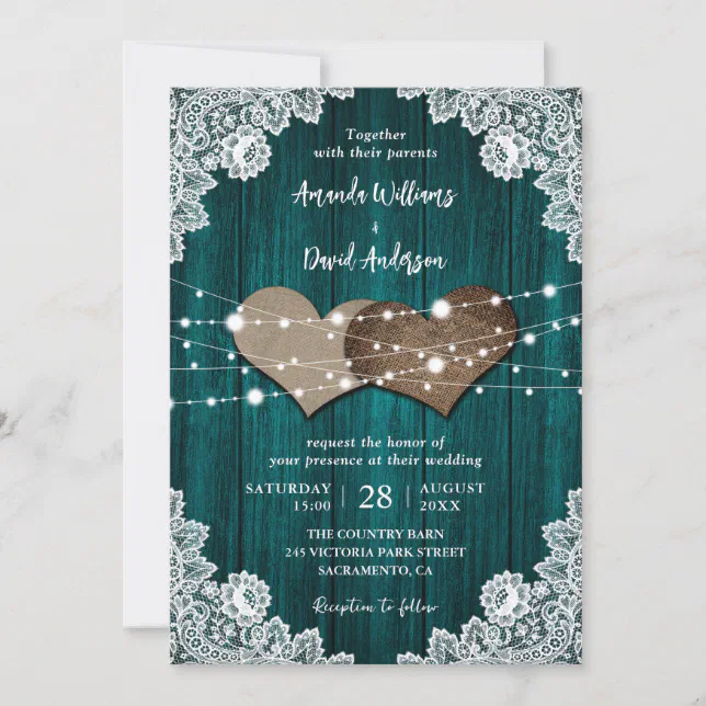 Rustic Teal Wood Burlap Lace Wedding Invitation | Zazzle