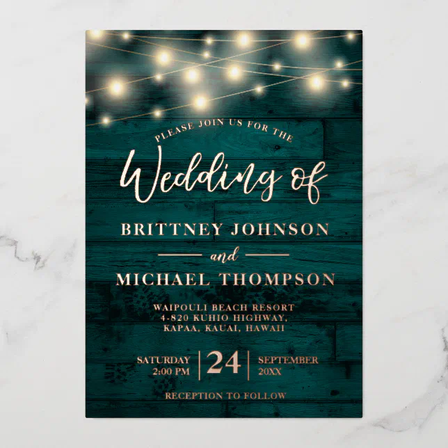 Rustic Teal Wood String Lights Wedding Foil Invitation | Zazzle