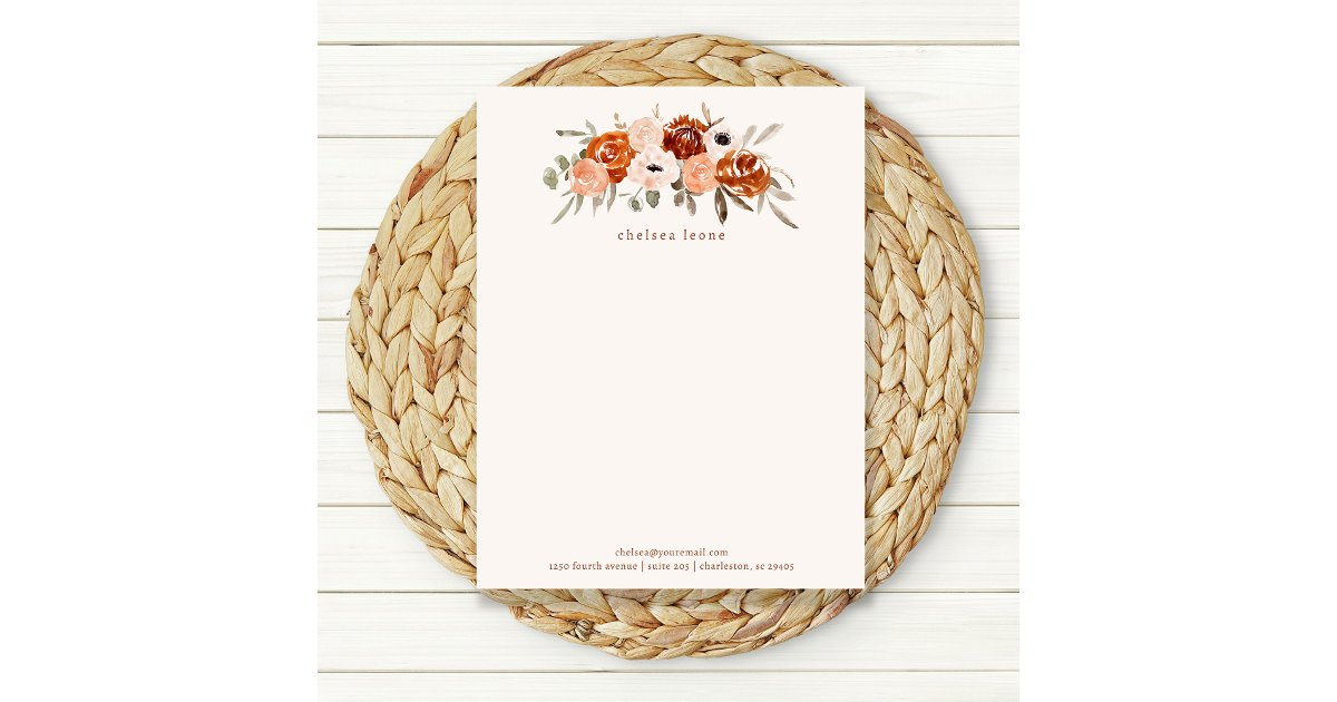 Rustic Terracotta Boho Flowers on Blush Letterhead | Zazzle