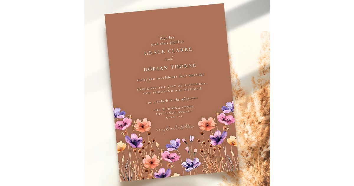 Rustic Terracotta Boho Wildflower Mocha Wedding Invitation | Zazzle