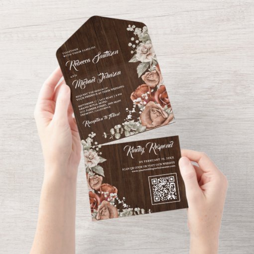 Rustic Terracotta Floral Barn Wood QR Code Wedding All In One ...
