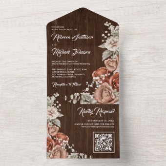 Rustic Terracotta Floral Barn Wood QR Code Wedding All In One ...