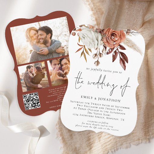 Rustic Terracotta Florals 3 Photos QR Code Wedding Invitation | Zazzle