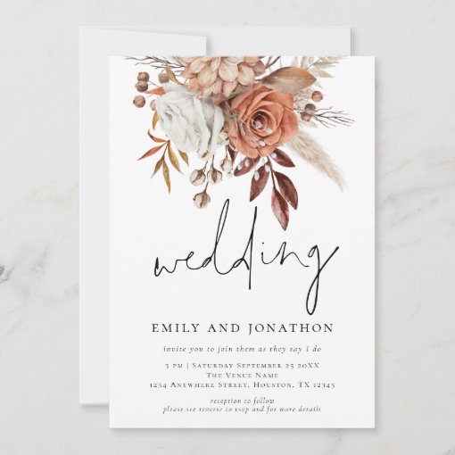 Rustic Terracotta Florals Informal Script Wedding Invitation | Zazzle