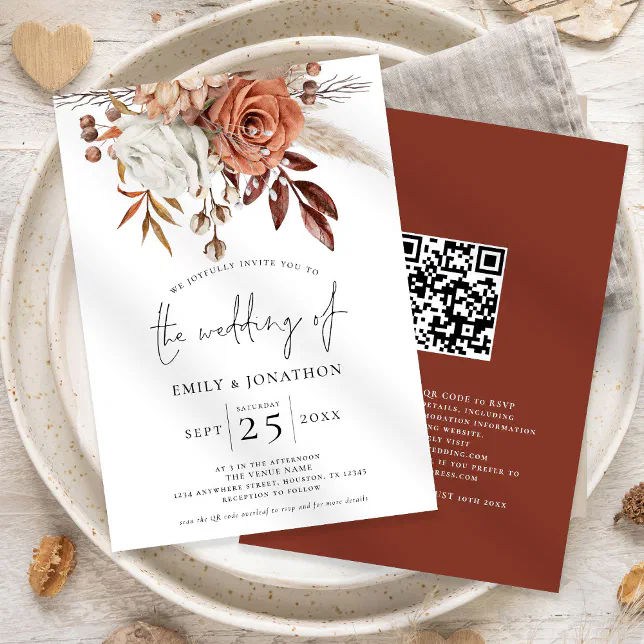 Rustic Terracotta Florals QR Code Wedding Invitation | Zazzle
