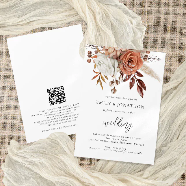 Rustic Terracotta Florals QR Code Wedding Invitation | Zazzle