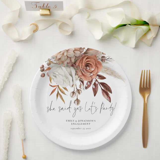 Rustic Terracotta Florals She Said Yes Engagement Paper Plates | Zazzle