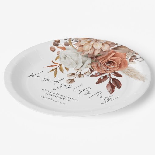 Rustic Terracotta Florals She Said Yes Engagement Paper Plates | Zazzle