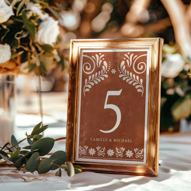Rustic Terracotta Mexican Wedding Table Number | Zazzle