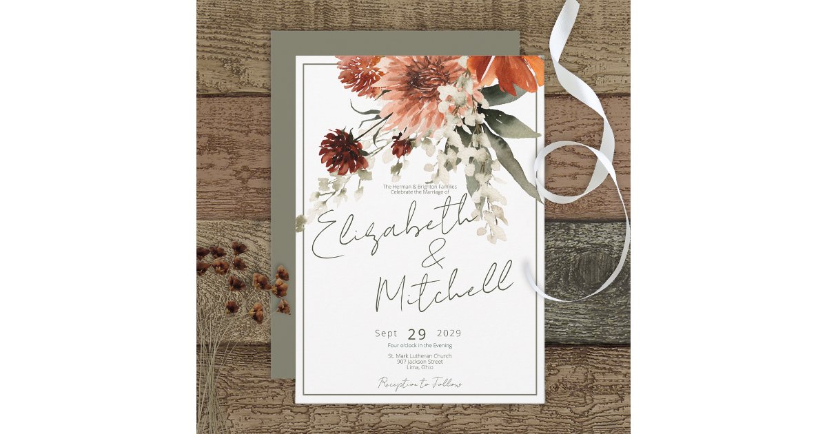 Rustic Terracotta Rust Flowers Wedding Invitation | Zazzle