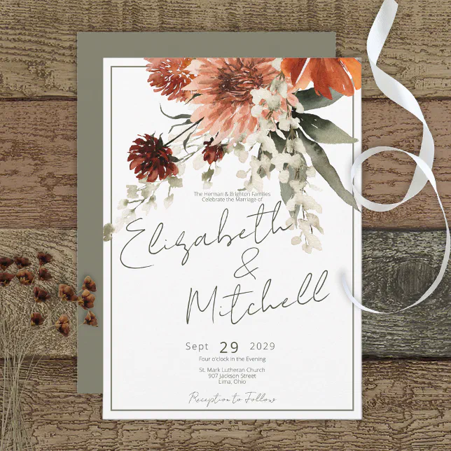 Rustic Terracotta Rust Flowers Wedding Invitation | Zazzle