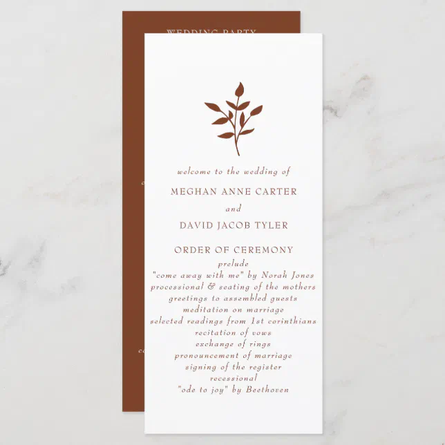 Rustic Terracotta Simple Modern Botanical Wedding Program | Zazzle