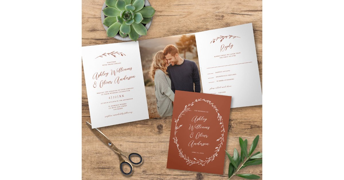 Rustic Terracotta Wildflower Boho Photo Wedding Tri-Fold Invitation ...