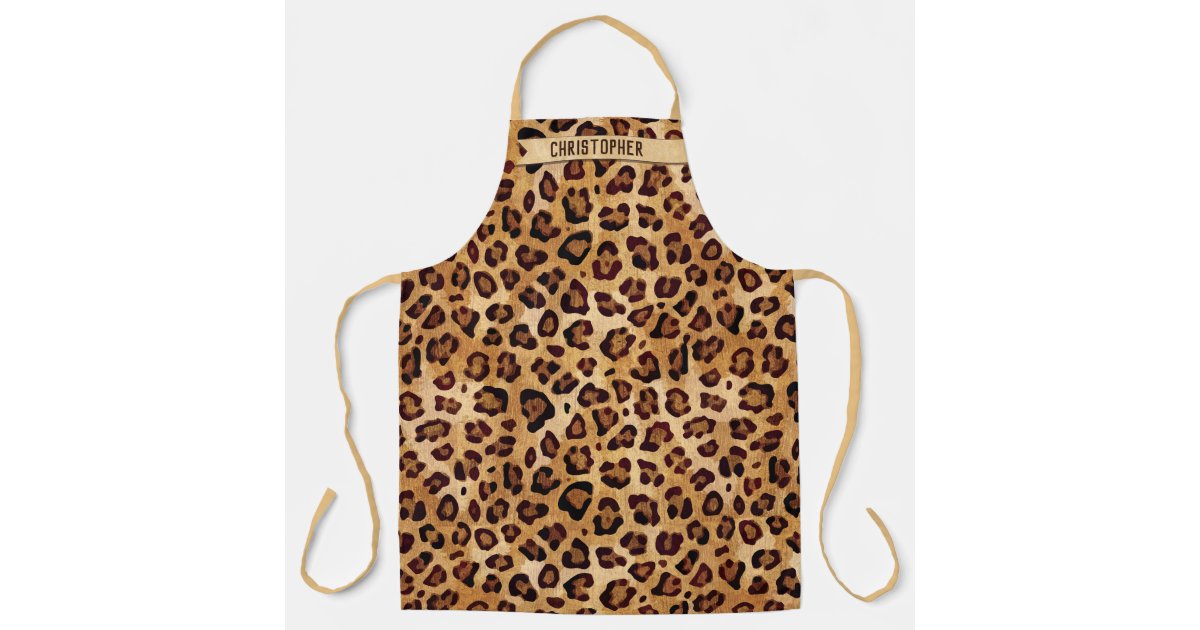 Rustic Texture Leopard Print Add Name Apron | Zazzle