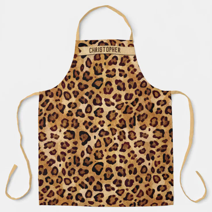 Rustic Texture Leopard Print Add Name Apron | Zazzle