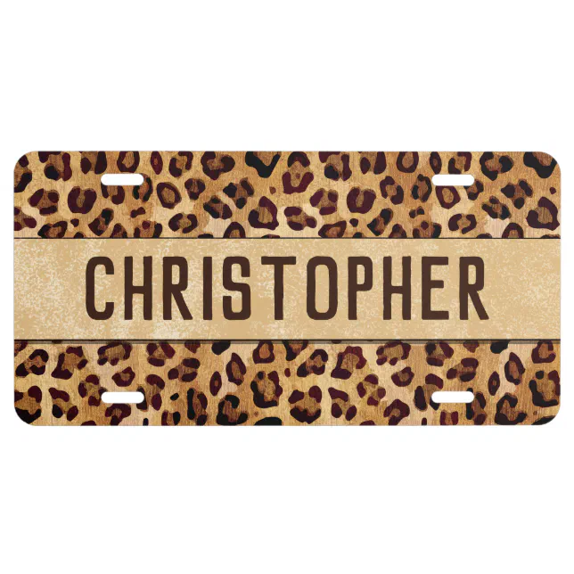 Rustic Texture Leopard Print Add Name License Plate | Zazzle
