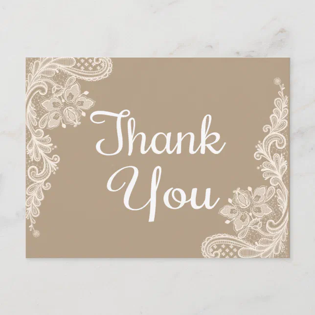 Rustic Thank You Brown & White Floral Lace Postcard | Zazzle
