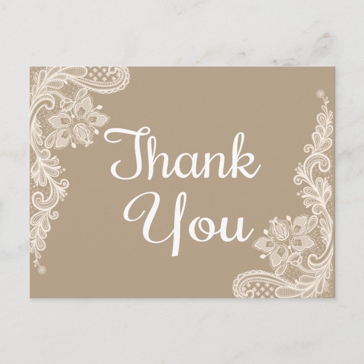 Rustic Thank You Brown & White Floral Lace Postcard | Zazzle