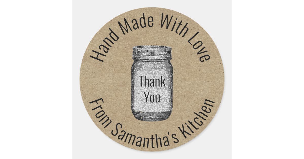Rustic Thank You Kraft Paper Hand Made Mason Jar Classic Round Sticker ...