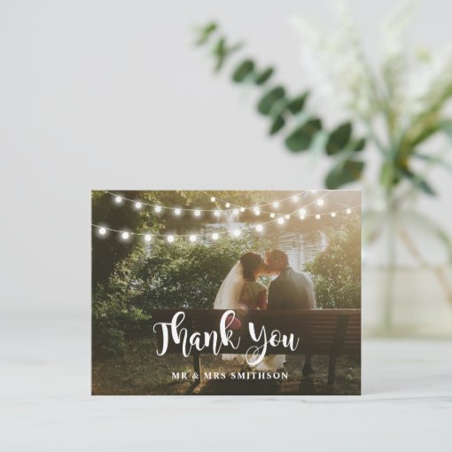 Rustic Thank You Photo String Lights Wedding Card | Zazzle