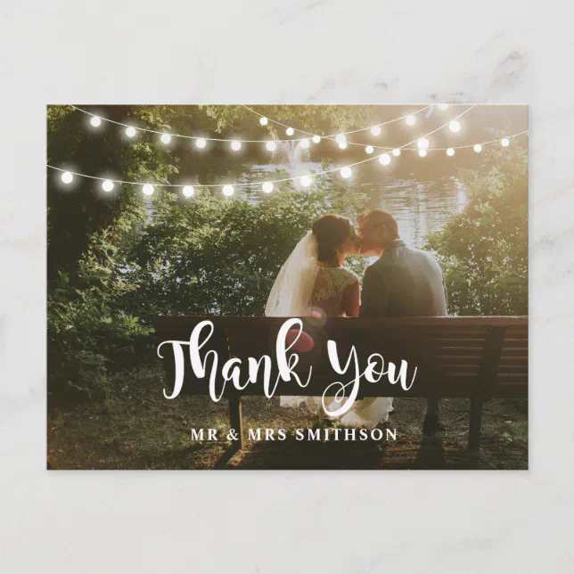 Rustic Thank You Photo String Lights Wedding Card | Zazzle