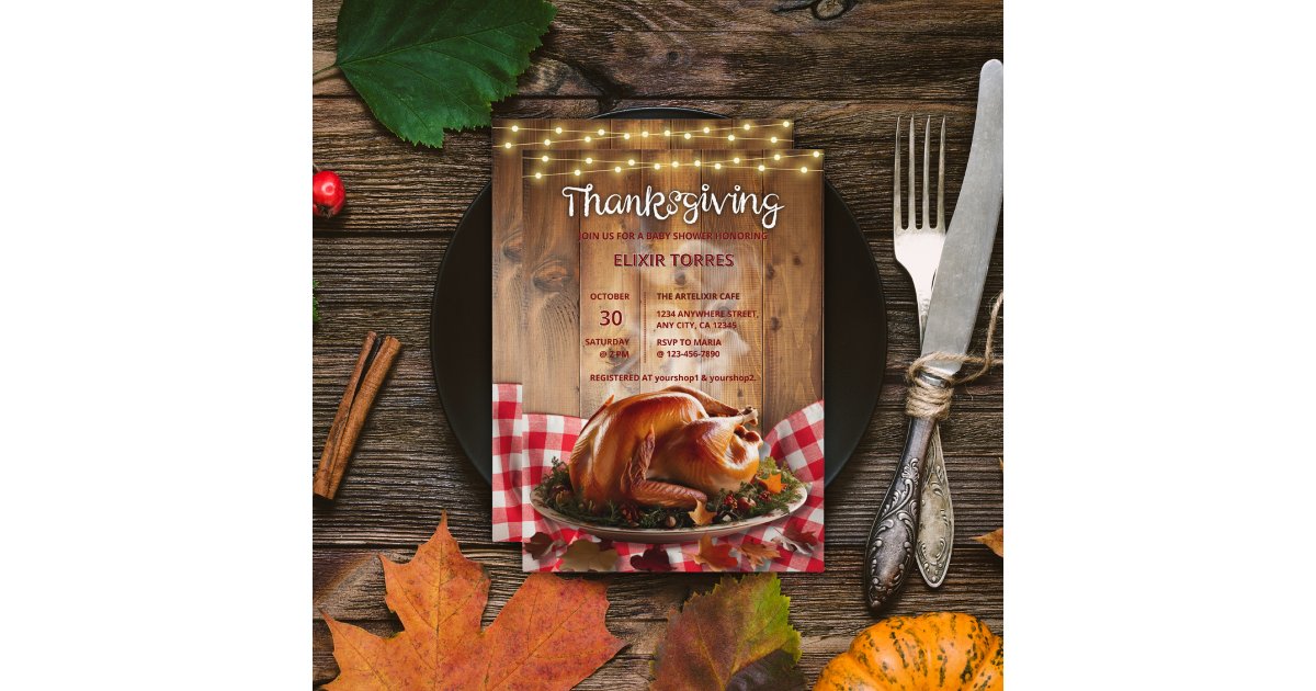 Rustic Thanksgiving Roasted Turkey Baby Shower Invitation | Zazzle