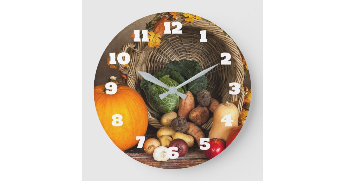 Rustic Thanksgiving Table Bountiful Harvest Large Clock | Zazzle