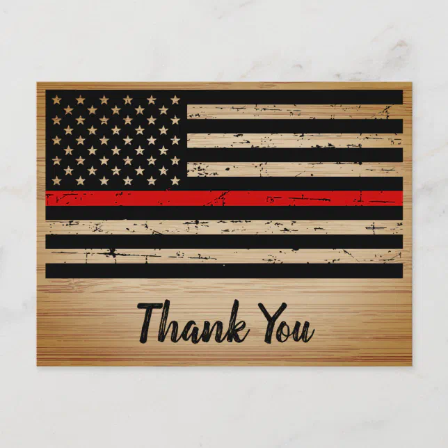 Rustic Thin Red Line Firefighter Thank You Postcard | Zazzle
