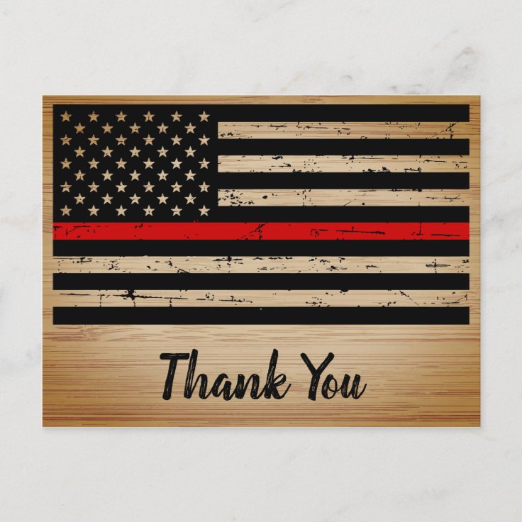 Rustic Thin Red Line Firefighter Thank You Postcard | Zazzle