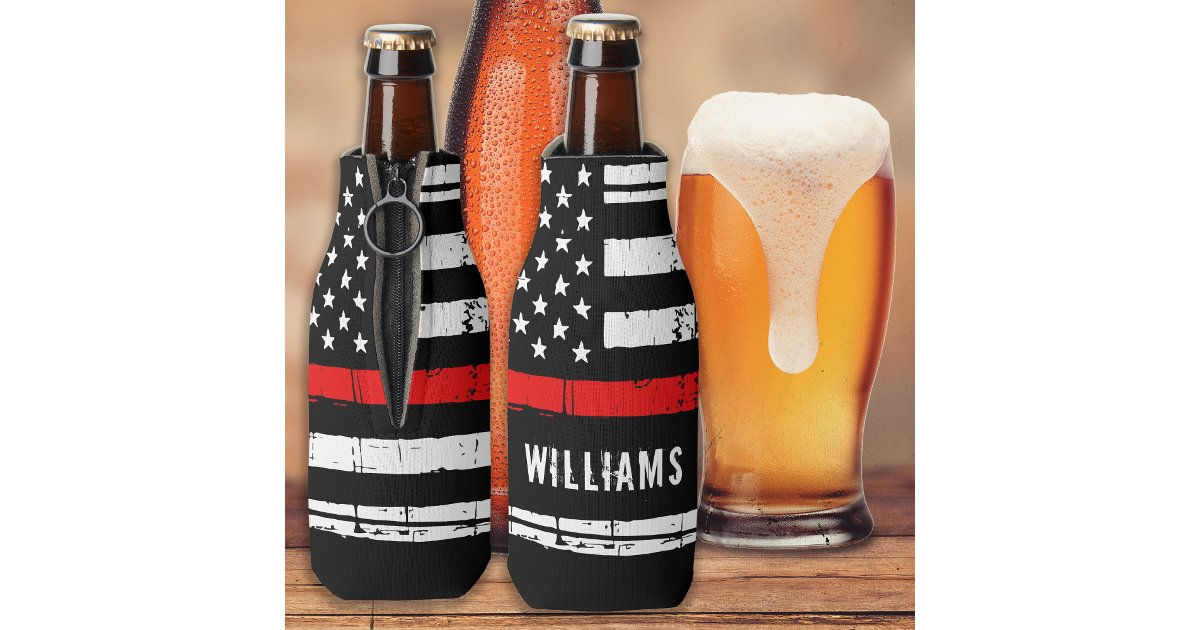 Rustic Thin Red Line Personalized Firefighter Bottle Cooler | Zazzle
