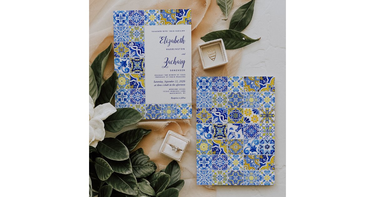 Rustic Tile Blue Yellow Wedding Invitation | Zazzle