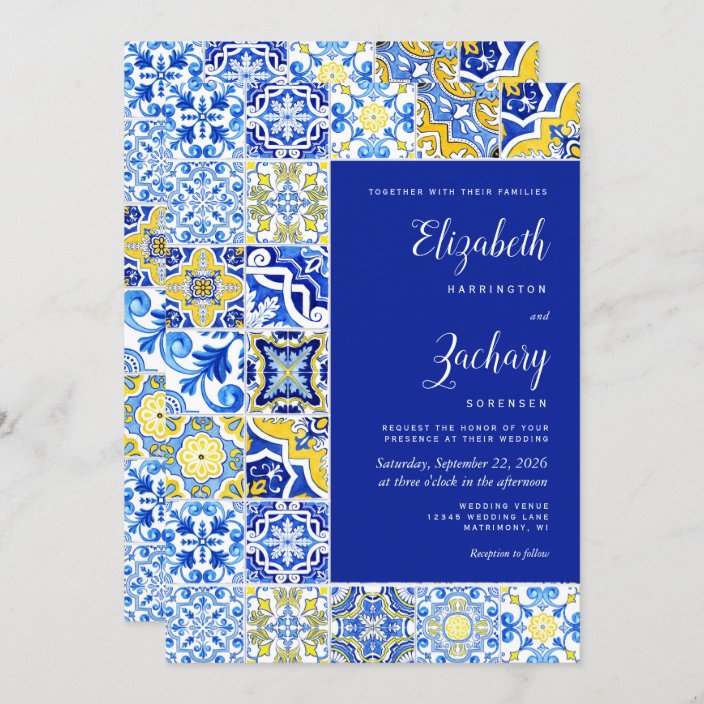 Rustic Tile Blue Yellow White Wedding Invitation | Zazzle.com