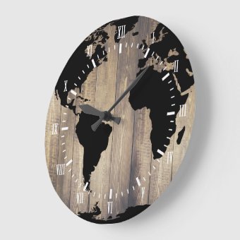Rustic Traveler Black World Map Wooden Planks Large Clock | Zazzle