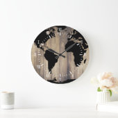 Rustic Traveler Black World Map Wooden Planks Large Clock | Zazzle