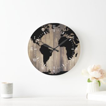 Rustic Traveler Black World Map Wooden Planks Large Clock | Zazzle