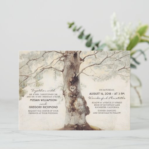 Rustic Tree and Carved Heart Wedding Invitations | Zazzle