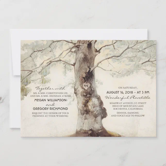 Rustic Tree and Carved Heart Wedding Invitations | Zazzle